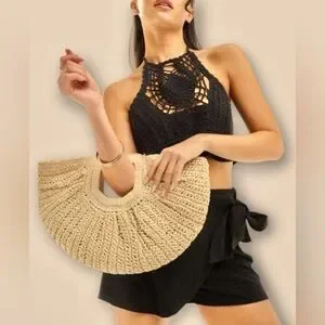 Ramala | Bags | Purse Womens Half Moon Woven Crochet Raffia Clutch New ...